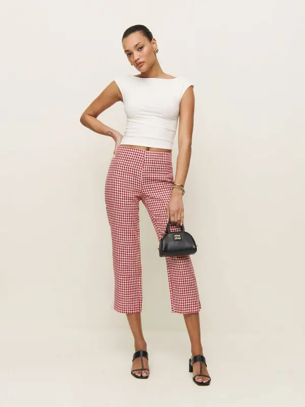 REFORMATION Petra Linen Pedal Pusher Pant - Tomato Check