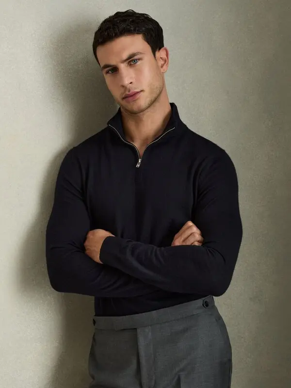 REISS Blackhall Merino Wool Half-zip Jumper - Navy