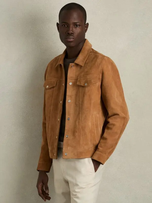 REISS Eden Suede Press-stud Jacket - Tobacco Brown