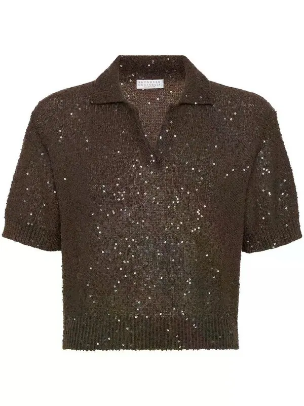 Brunello Cucinelli Sequinned Polo Top - Brown