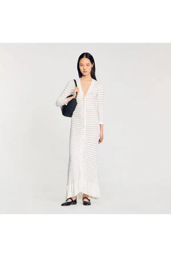Sandro Pointelle Knit Maxi Dress With Pearlescent Buttons In Neutral /  White - 40% Off | Editorialist