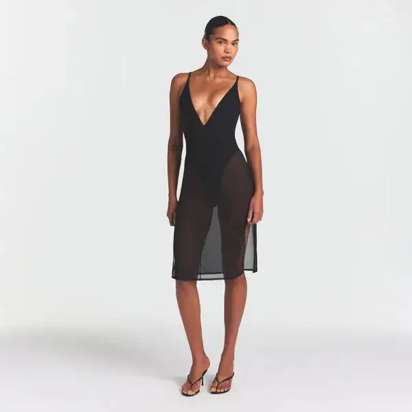 Skims Body Mesh Plunge Midi Dress - Onyx | Editorialist
