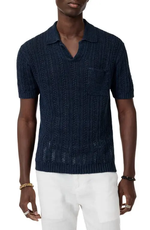 John Varvatos Short Sleeve Textured Johnny Collar Sweater - Navy