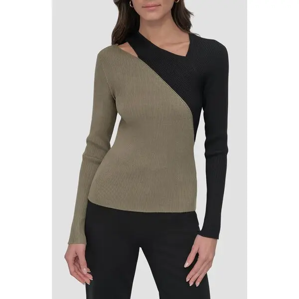 Dkny Colorblock Cutout Sweater - Utility Green/ Black