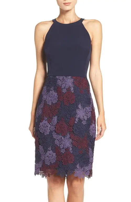 Maggy London Crepe & Lace Sheath Dress In Navy/Burgundy - 63% Off |  Editorialist