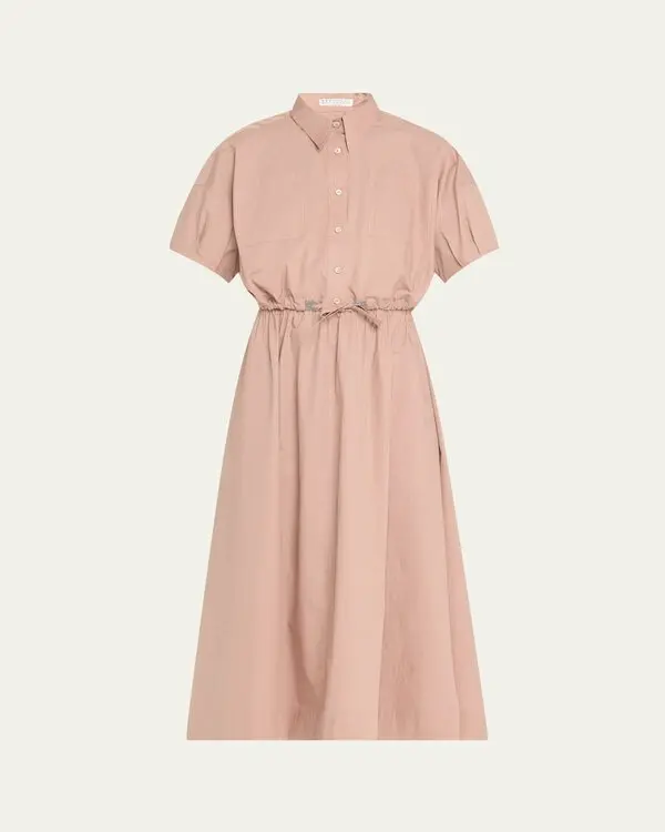 Brunello Cucinelli Fit-flare Drawcord Poplin Asymmetric Midi Shirtdress