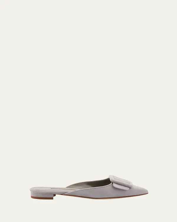 Manolo Blahnik Maysale Suede Ballerina Mules - Light Gray
