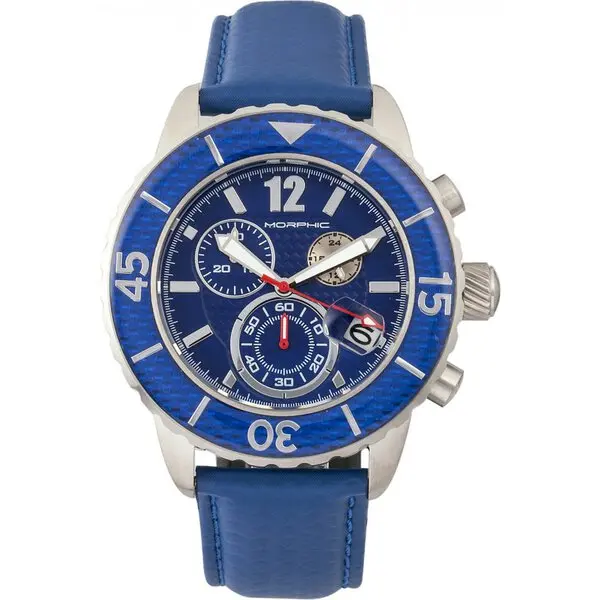 MORPHIC Chronograph Leather-band Strap Watch - Silver/blue