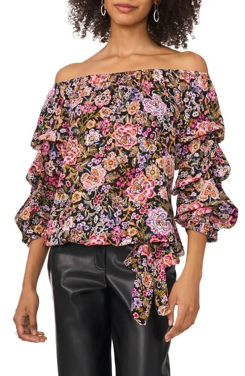 Vince Camuto Floral Ruffle Tie Hem Top - Rich Black