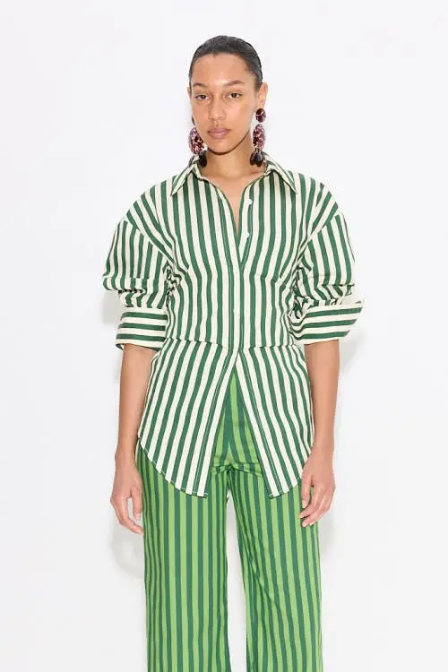 SIMONMILLER Loch Striped Poplin Button Up - Gummy Green/ecru Stripe