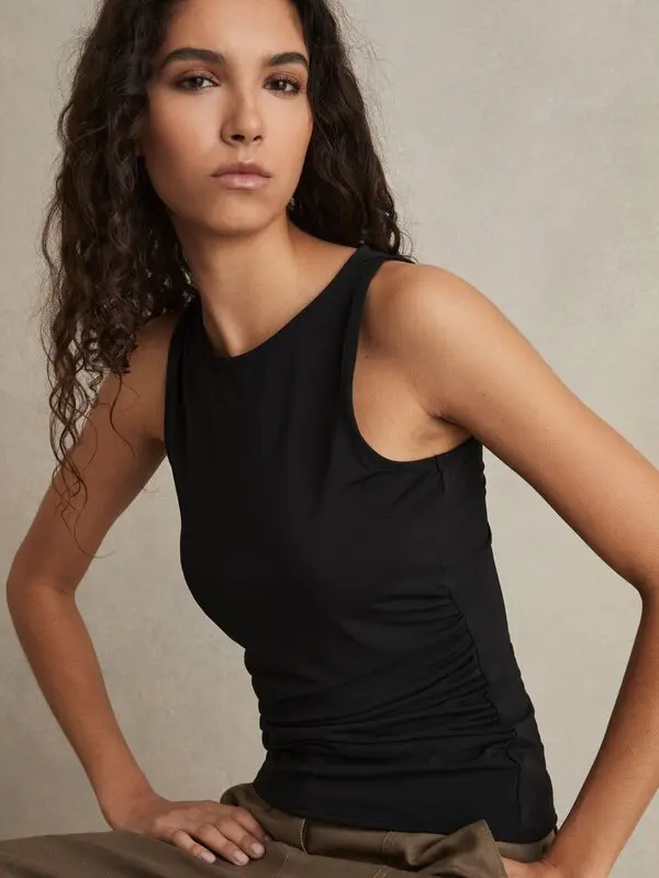 REISS Madelynne Ruched-side Jersey Top - Black