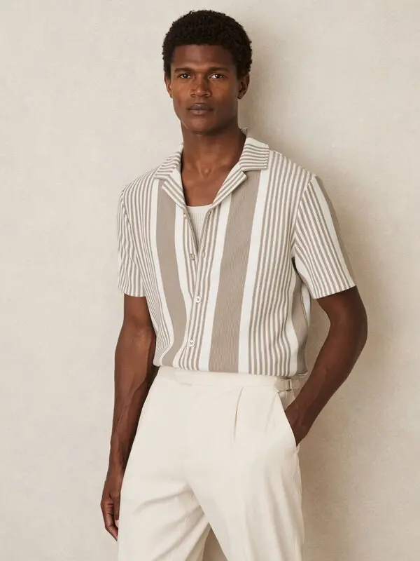 REISS Alcazar Stripe Ribbed Cuban Collar Shirt - Oatmeal/white