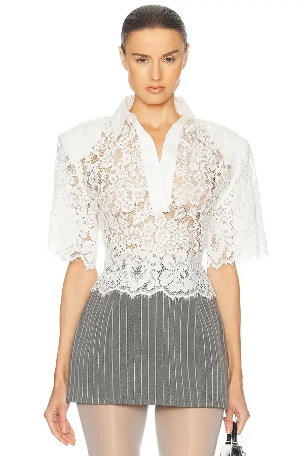 HELSA The Lace Shirt With Shoulder Pad - White