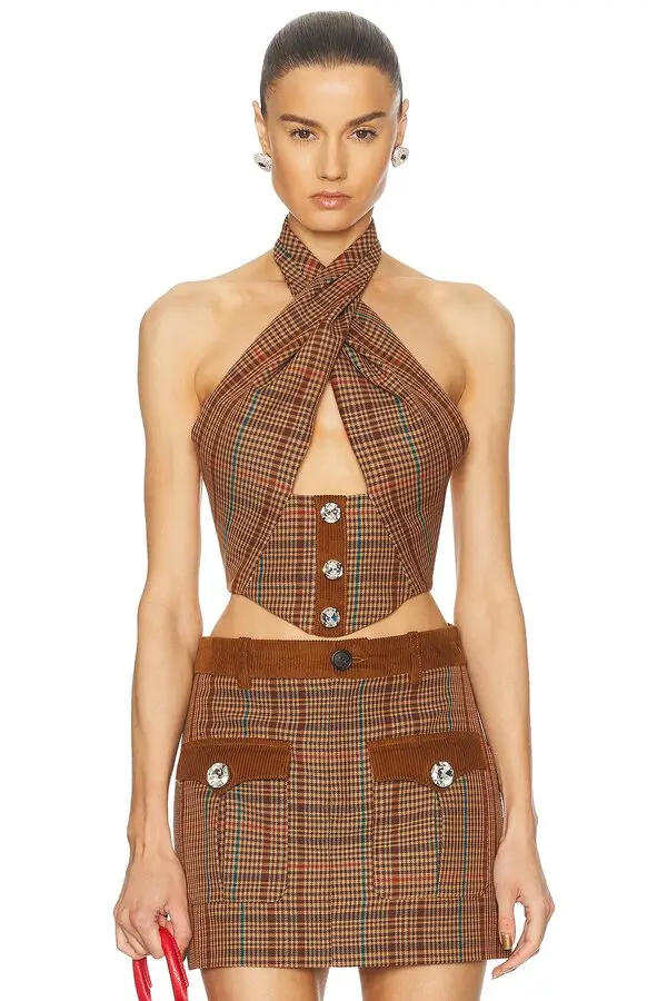 AREA Crystal Halter Top - Caramel Multi