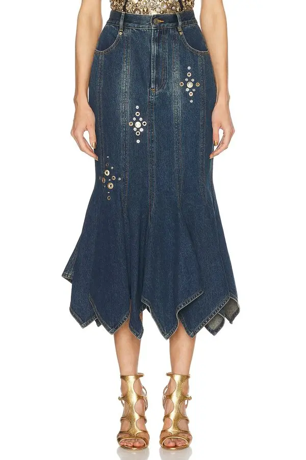 AREA Crystal Embellished Denim Skirt - Dark Blue