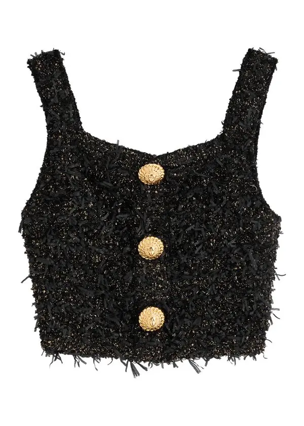 Balmain Frayed Cropped Bouclé Tweed Top