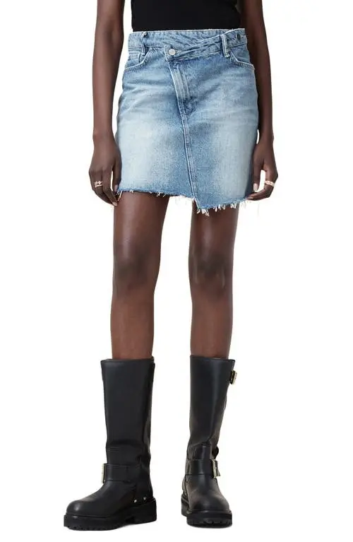 All Saints Aki Fray Hem Crossover Denim Miniskirt - Light Indigo
