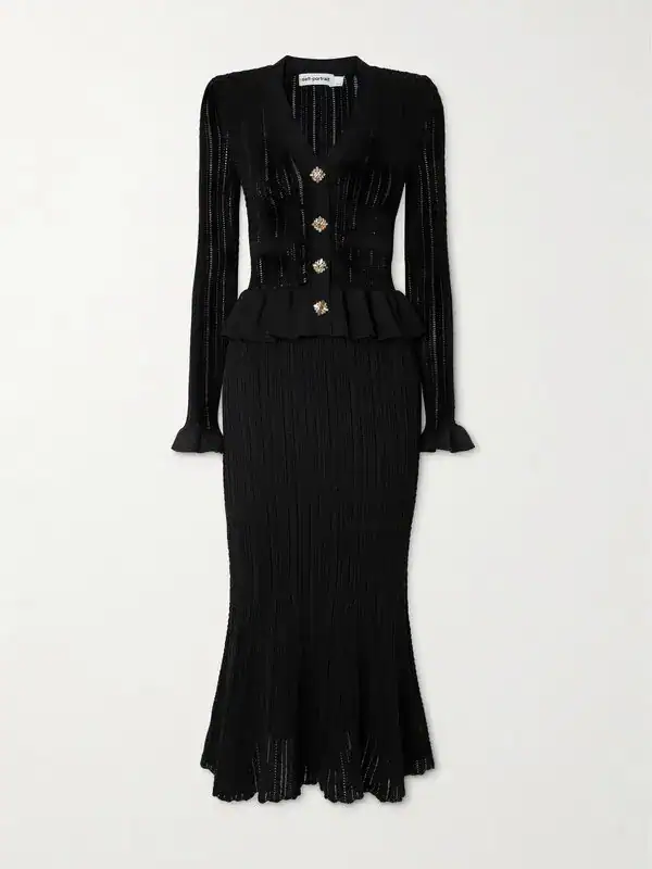 Self-Portrait Crystal-Embellished Pointelle-Knit Midi Dress In Black - 40%  Off | Editorialist