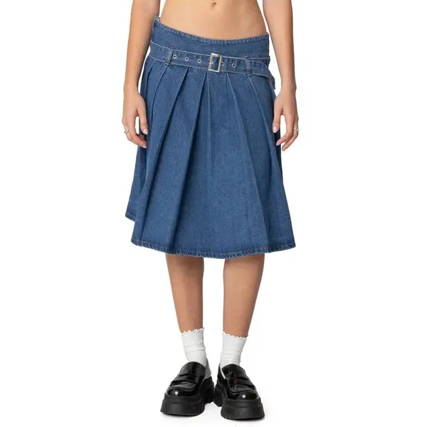 EDIKTED Belted Pleated Denim Midi Skirt
