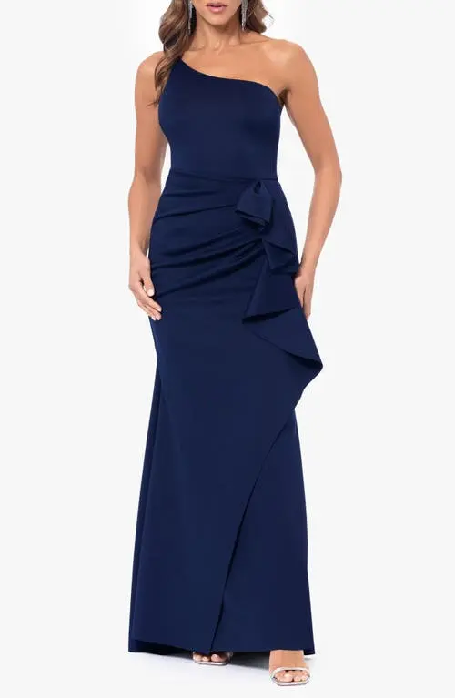 XSCAPE EVENINGS Ruffle One-shoulder Gown - Midnight