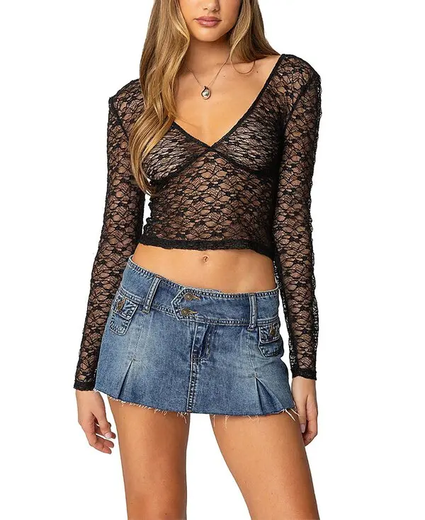 EDIKTED Sheer Lace V-neck Top