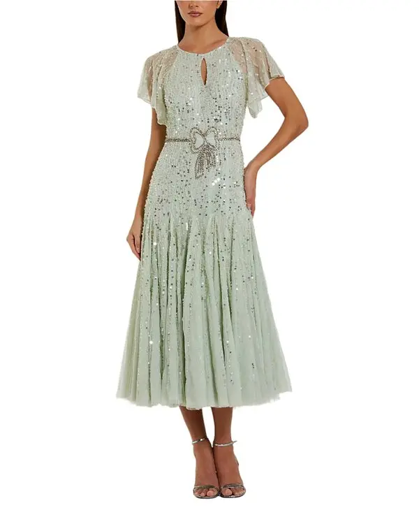 Mac Duggal Beaded Mesh A-line Midi Dress