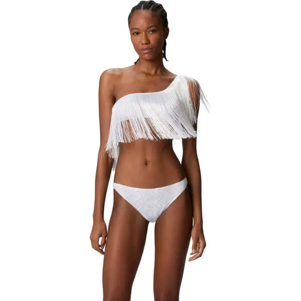 Missoni One-shoulder Zigzag Lamé Viscose Bikini With Fringes - Silver