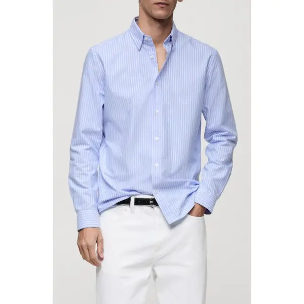 Mango Regular Fit Stripe Cotton Button-up Shirt - Sky Blue