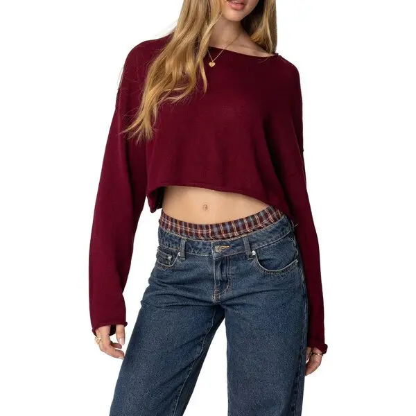 EDIKTED Shyrah Oversize Crop Sweater - Burgundy