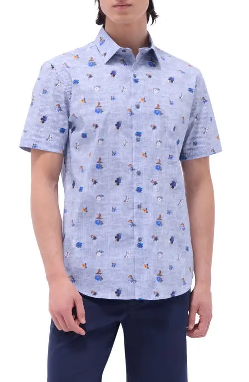 Bugatchi Orson Floral Stripe Short Sleeve Stretch Cotton Button-up Shirt - Air Blue