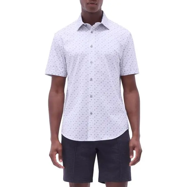 Bugatchi Miles Ooohcotton® Whiskey Print Short Sleeve Button-up Shirt - Platinum