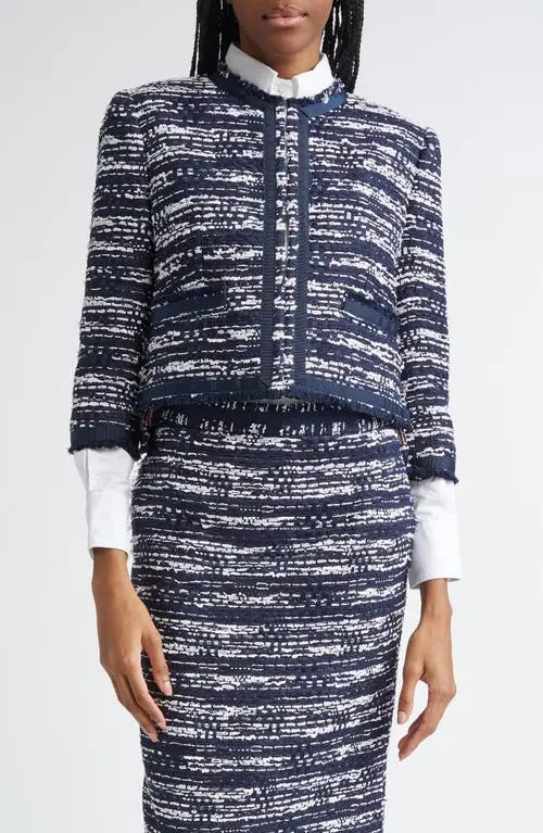 Thom Browne Mélange Tulle Yarn Tweed Crop Cardigan Jacket - Navy