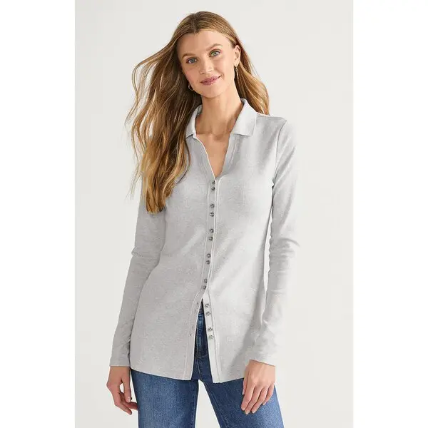 LANDS' END Long Sleeve Ribbed Tunic Shirt - Soft Light Gray Heather