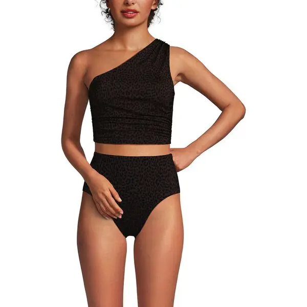LANDS' END Ruched One-shoulder Midkini Swimsuit Top - Brown Leopard