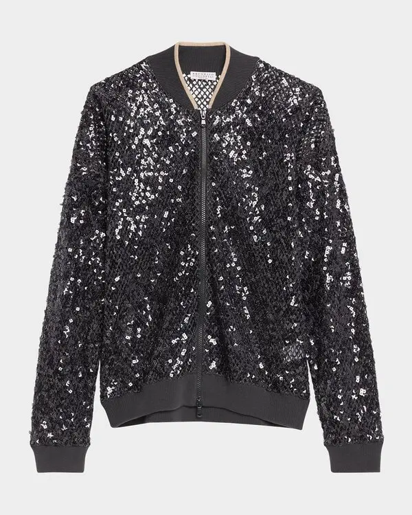 Brunello Cucinelli Paillette Net Knit Zip Bomber Cardigan