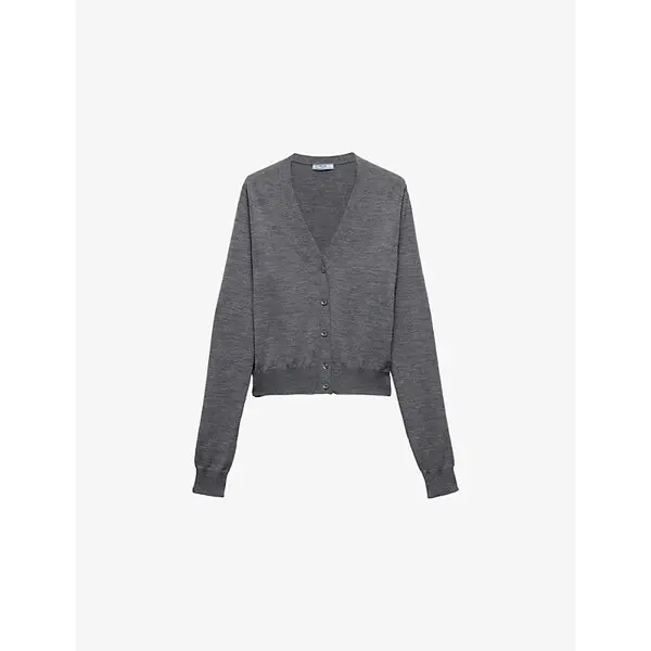 Prada Triangle-appliqué V-neck Wool Knitted Cardigan - Grey