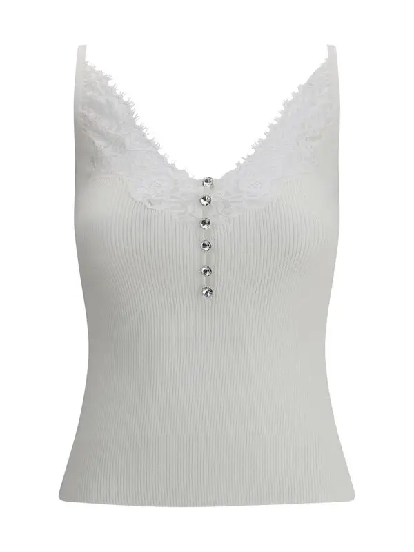SELF-PORTRAIT Lace Trimmed Ribbed Top - White