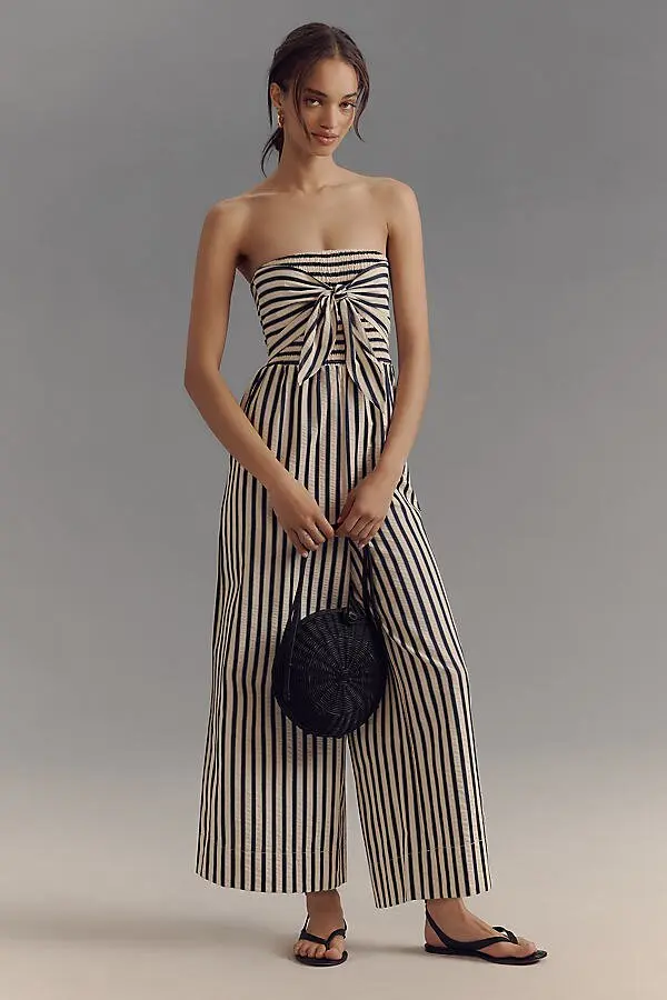 BISHOP + YOUNG Elva Strapless Tie-front Striped Jumpsuit - Blue Pattern