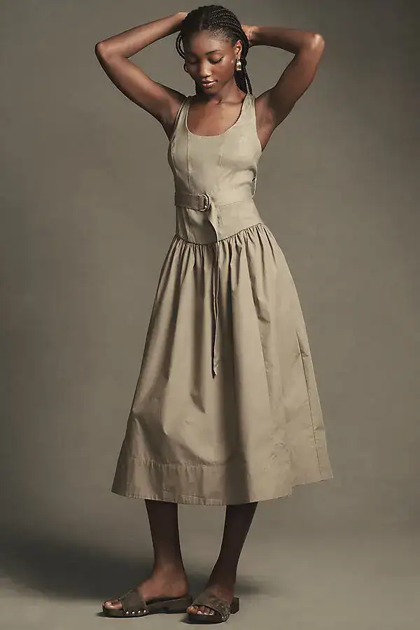 white christmas dresses Shirred Drop Waist Midi Dress in Mint Green main image 1