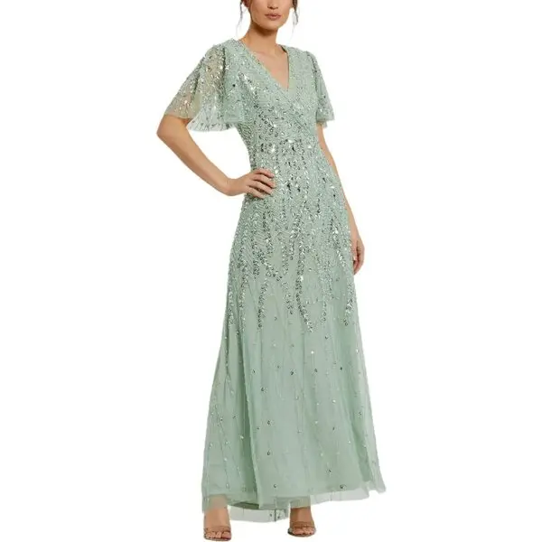 Mac Duggal Embellished Netting Gown With Flutter Sleeves - Sage