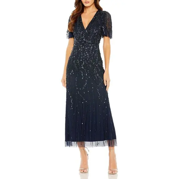 Mac Duggal Beaded Butterfly Sleeve Column Dress - Midnight