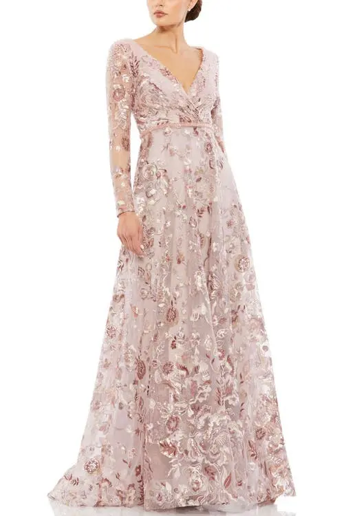 Mac Duggal Embellished V-neck A-line Gown - Rose