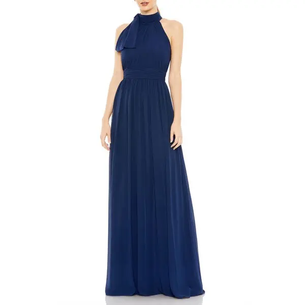 Mac Duggal High Neck Pleated Bodice Chiffon Gown - Midnight