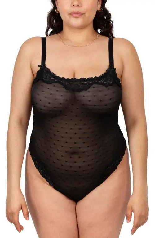CURVY COUTURE Sheer Whisper Lace Thong Teddy - Onyx