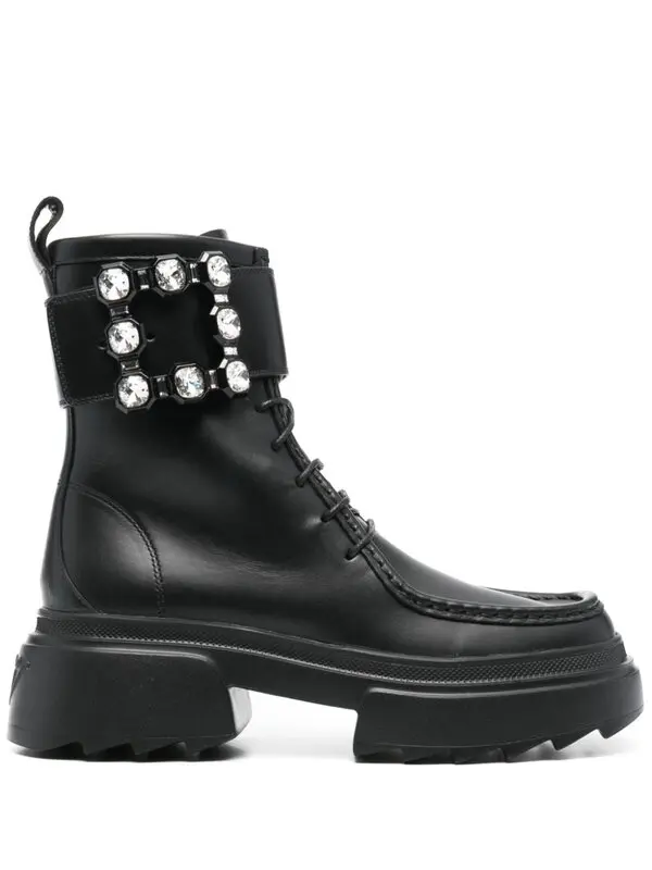 ROGER VIVIER Wallaviv Strass Buckle Leather Boots
