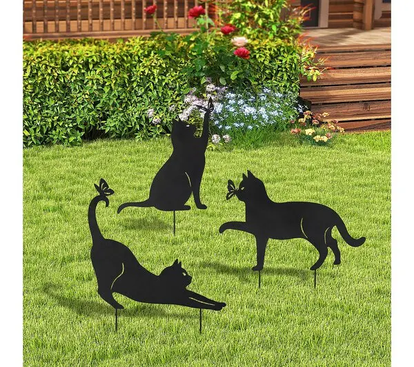 GLITZHOME 21' 2-in-1 Shadow Cat Silhouette Lawn Picks S/3