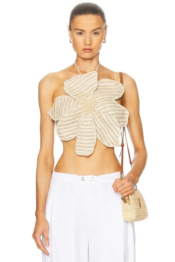 PatBO Candy Linen Hand-beaded Flower Top - Natural