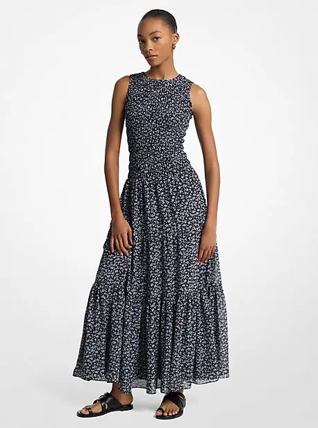 Michael Kors Floral Print Smocked Georgette Maxi Dress - Blue | Editorialist