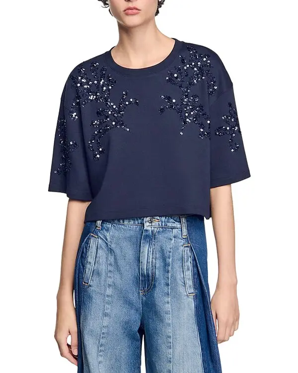 Sandro Beaded Cropped Tee - Navy Blue