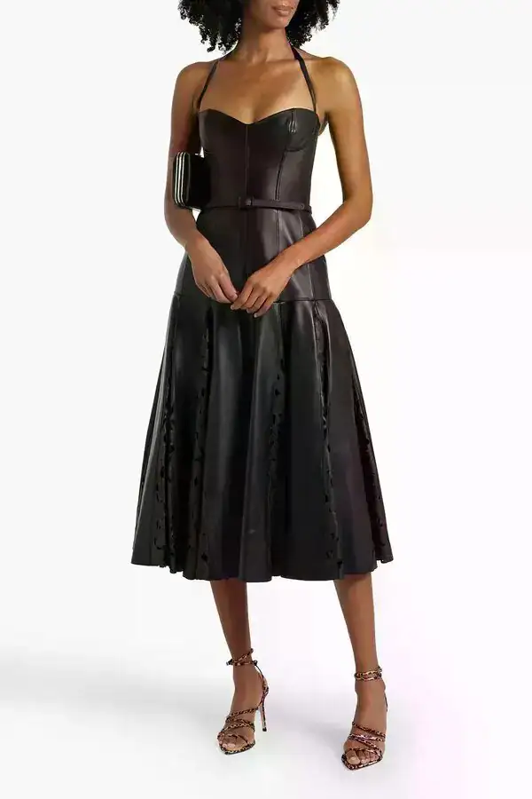 Oscar De La Renta Laser-Cut Leather Halterneck Midi Dress In Black - 70%  Off | Editorialist